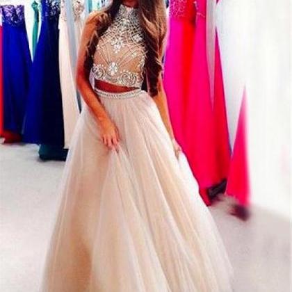 Stunning Prom Dresss Tulle High Collar Neckline A-line Two-piece Prom ...